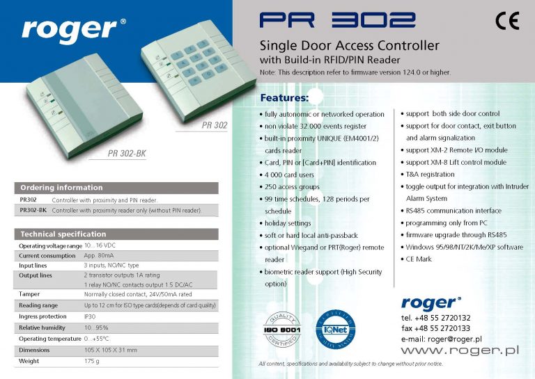 ประตูคีย์การ์ด ควบคุมด้วยคอมพิวเตอร์ ยี่ห้อ ROGER รุ่น PR302